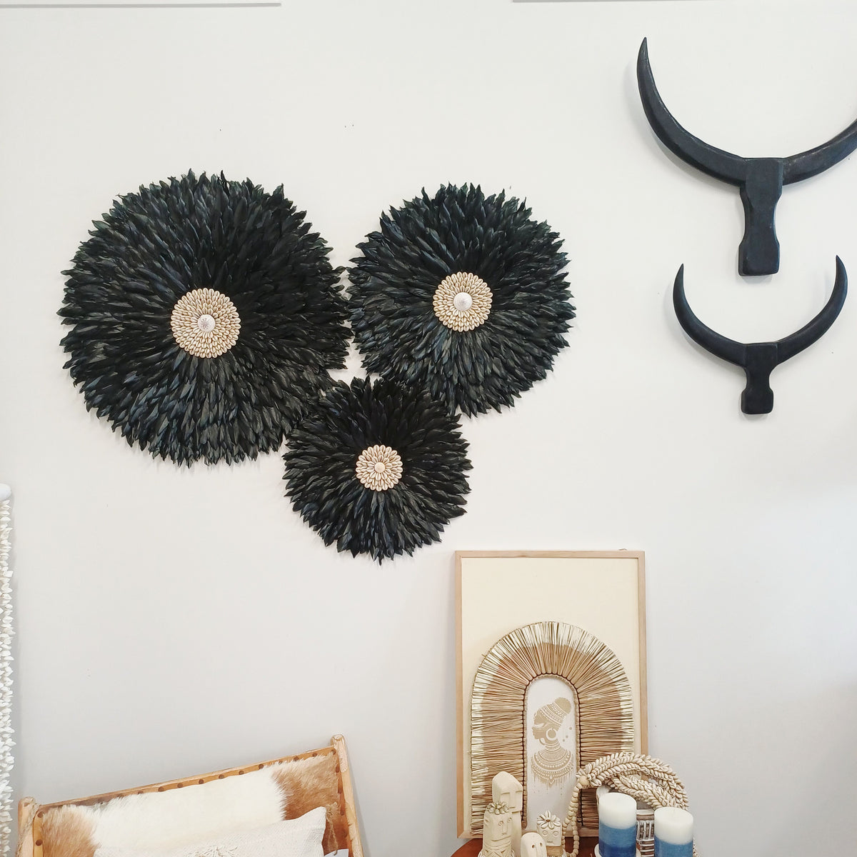 Black on Black Juju Cluster – Feather Wall Art Trio | Home Story NZ